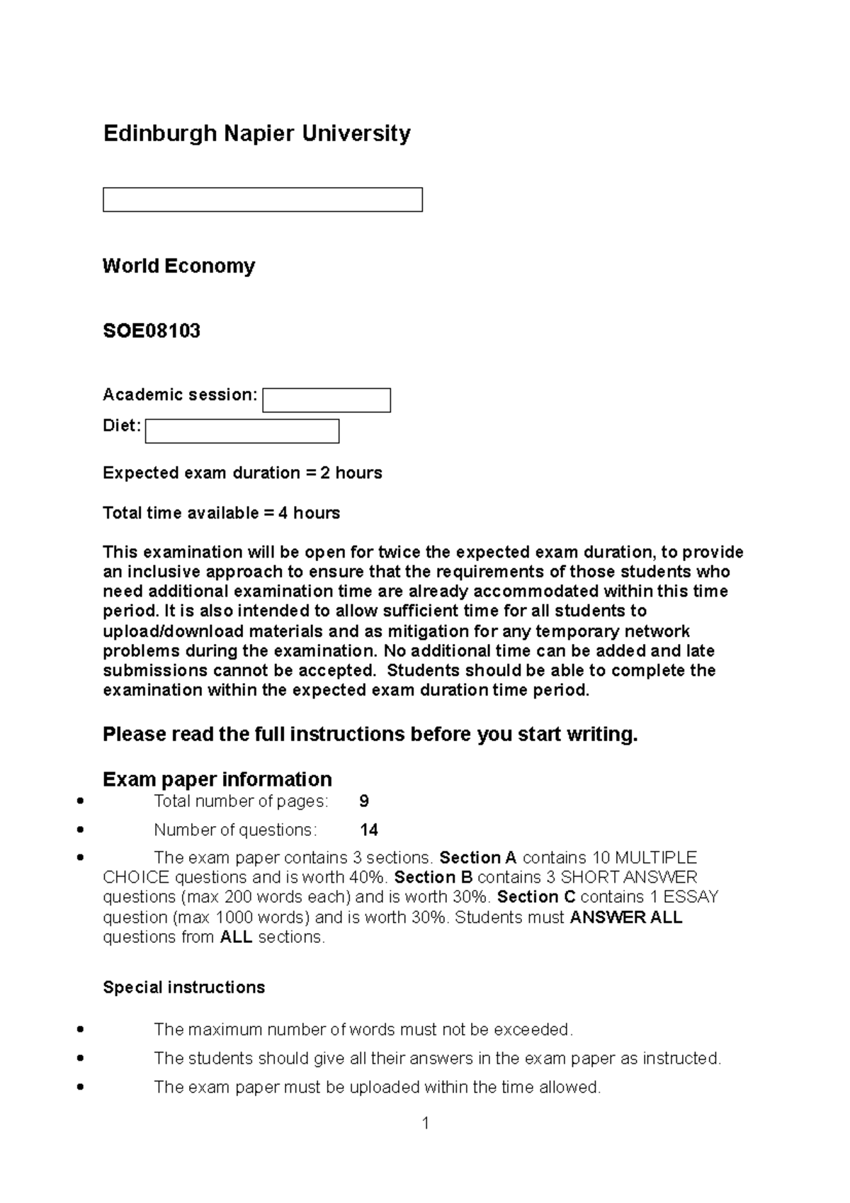 SOE08103 Exam Template - Edinburgh Napier University World Economy SOE ...