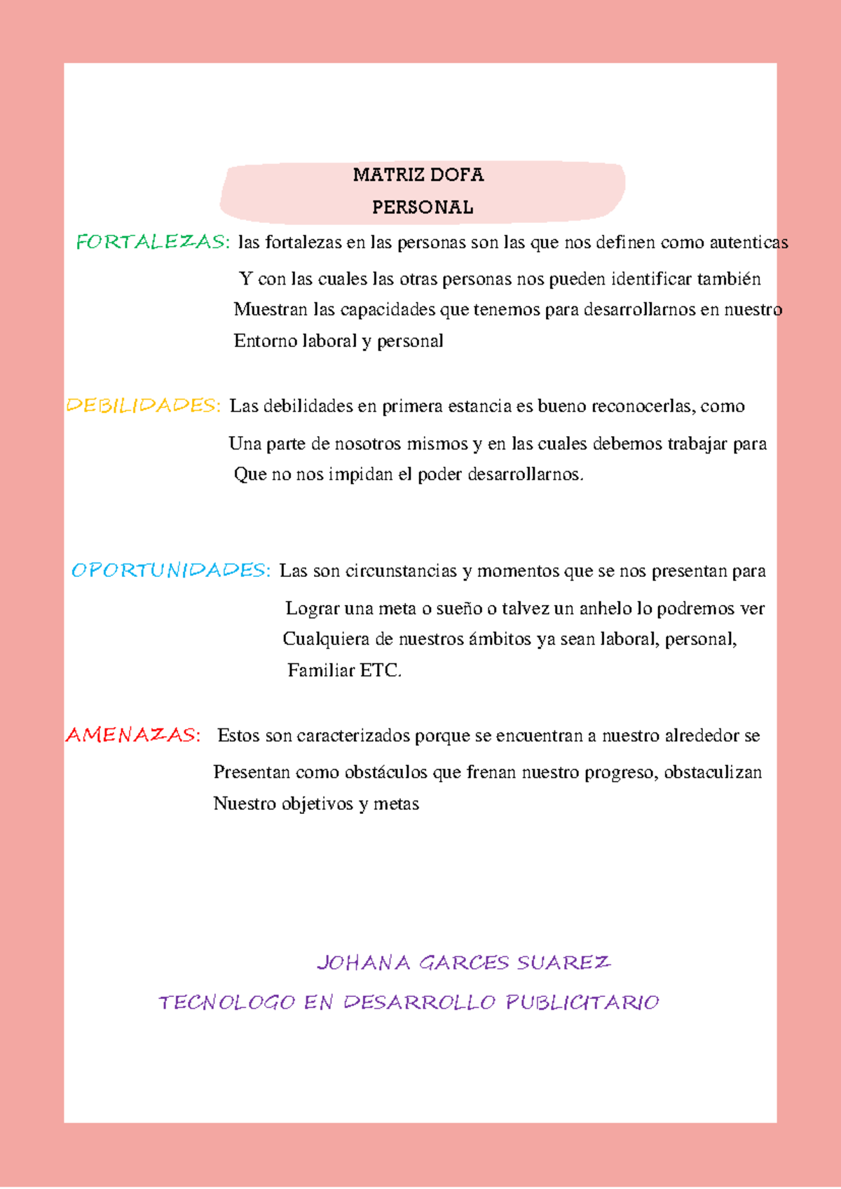 Matriz DOFA Personal - MATRIZ DOFA PERSONAL FORTALEZAS: las fortalezas ...