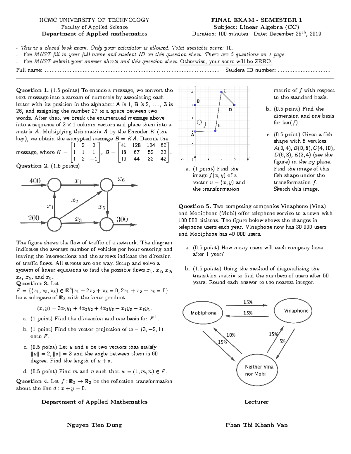 Final Algebra 1 19 - HCMC UNIVERSITY OF TECHNOLOGY Faculty of Applied Science Department of ...