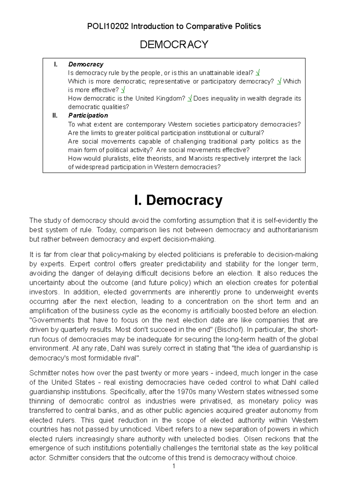 Lecture notes - democracy - POLI10202 Introduction to Comparative ...
