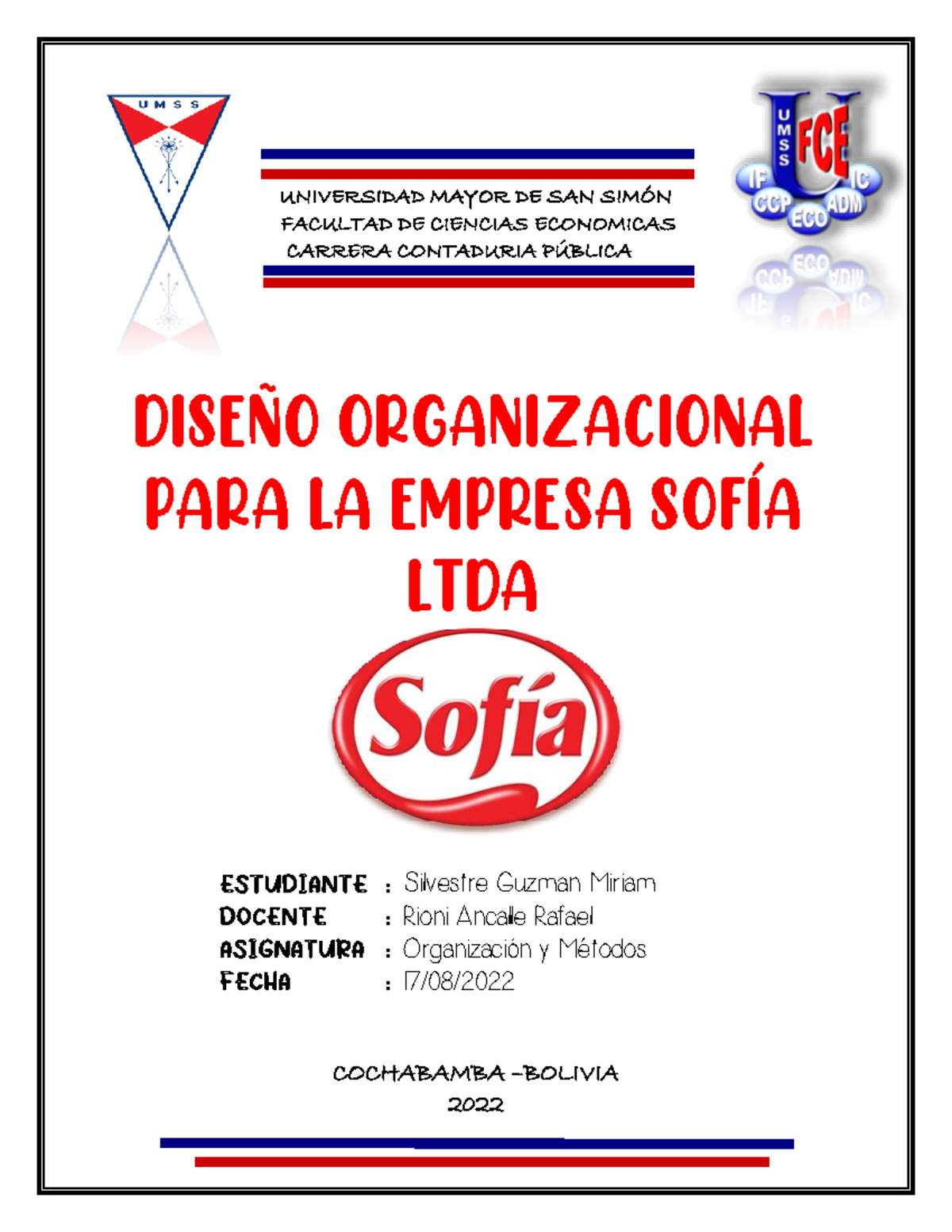 Diseño Organizacional DE LA Empresa Sofia LTDA - UNIVERSIDAD MAYOR DE SAN SIMÓN FACULTAD DE ...