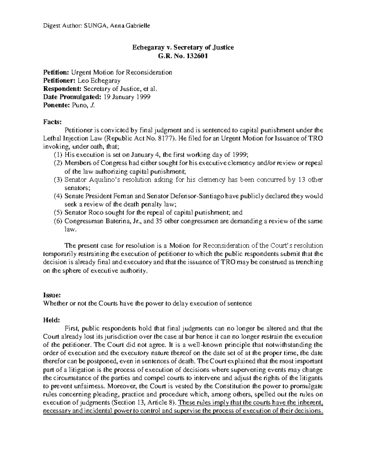 006 Echegaray v Secretary OF Justice [ Sunga] - Digest Author: SUNGA ...