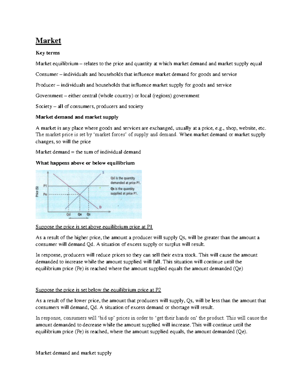 Economics - the market - level 1 - Market Key terms Market equilibrium ...