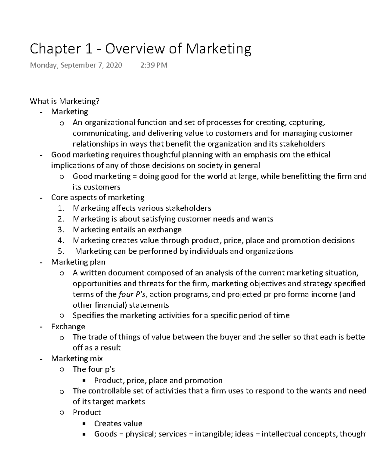 Chapter 1 - Overview of Marketing - What is Marketing? Marketing An ...