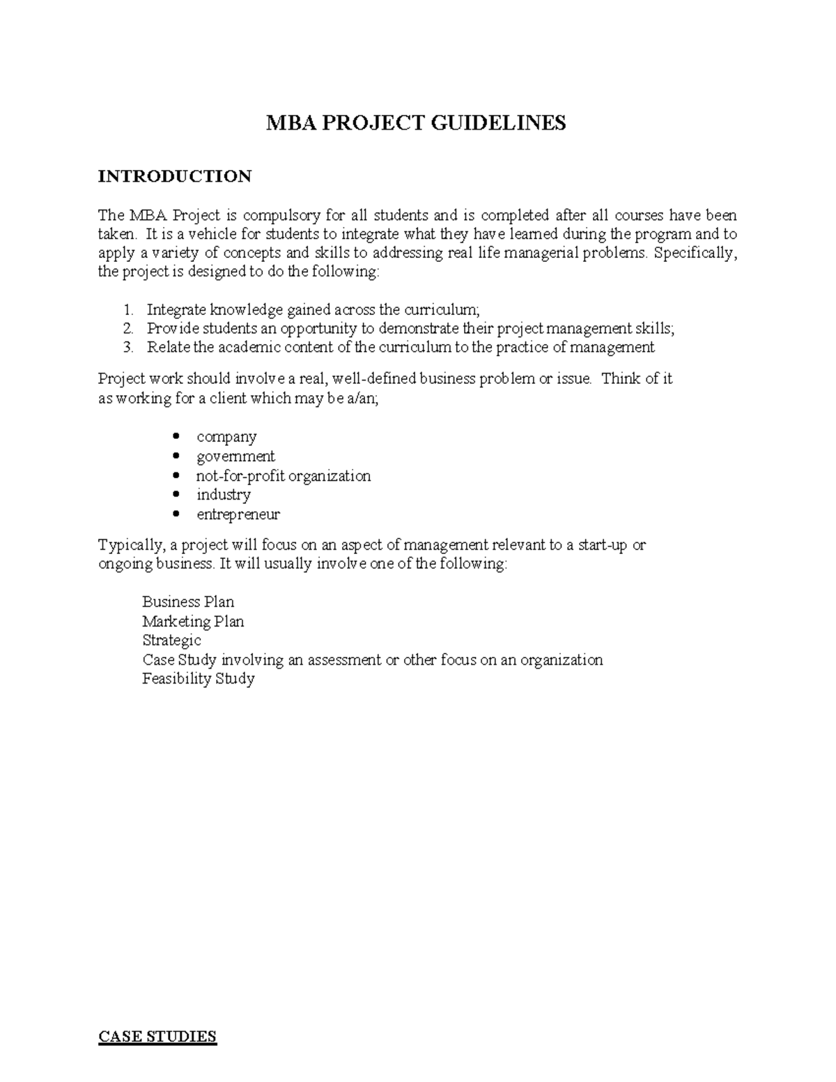 Graduate Project WORK Guideline - MBA PROJECT GUIDELINES INTRODUCTION ...