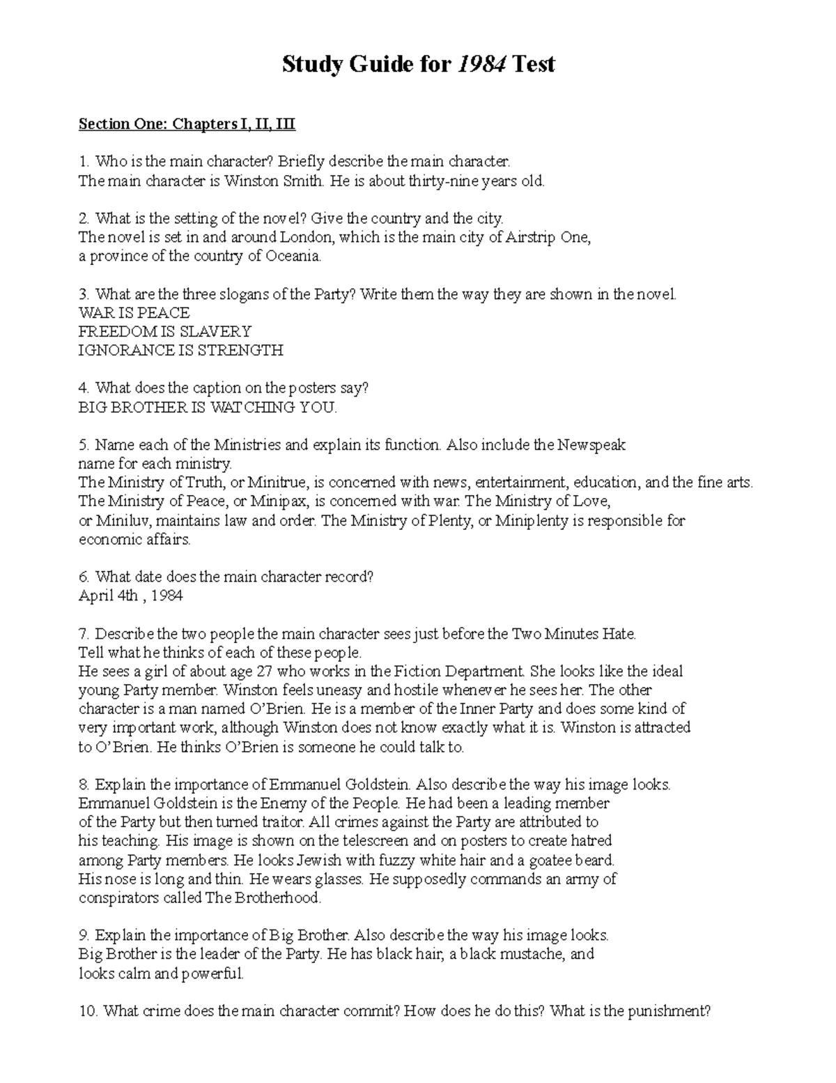 1984Study Guide - Study Guide for 1984 Test Section One: Chapters I, II ...