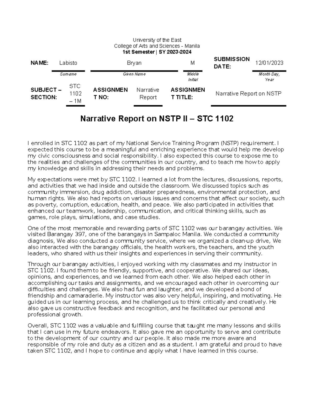 Nsto narrative repot - assignment - University of the East College of ...