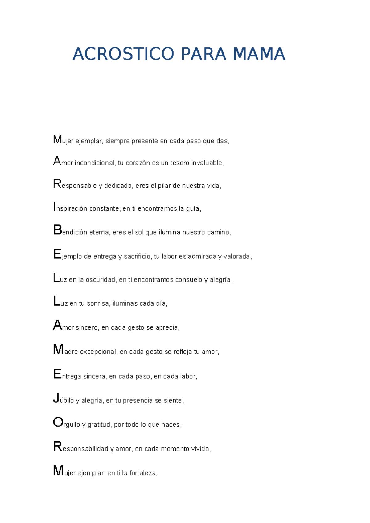 Acrostico PARA MAMA - SIMPLE - ACROSTICO PARA MAMA Mujer ejemplar ...