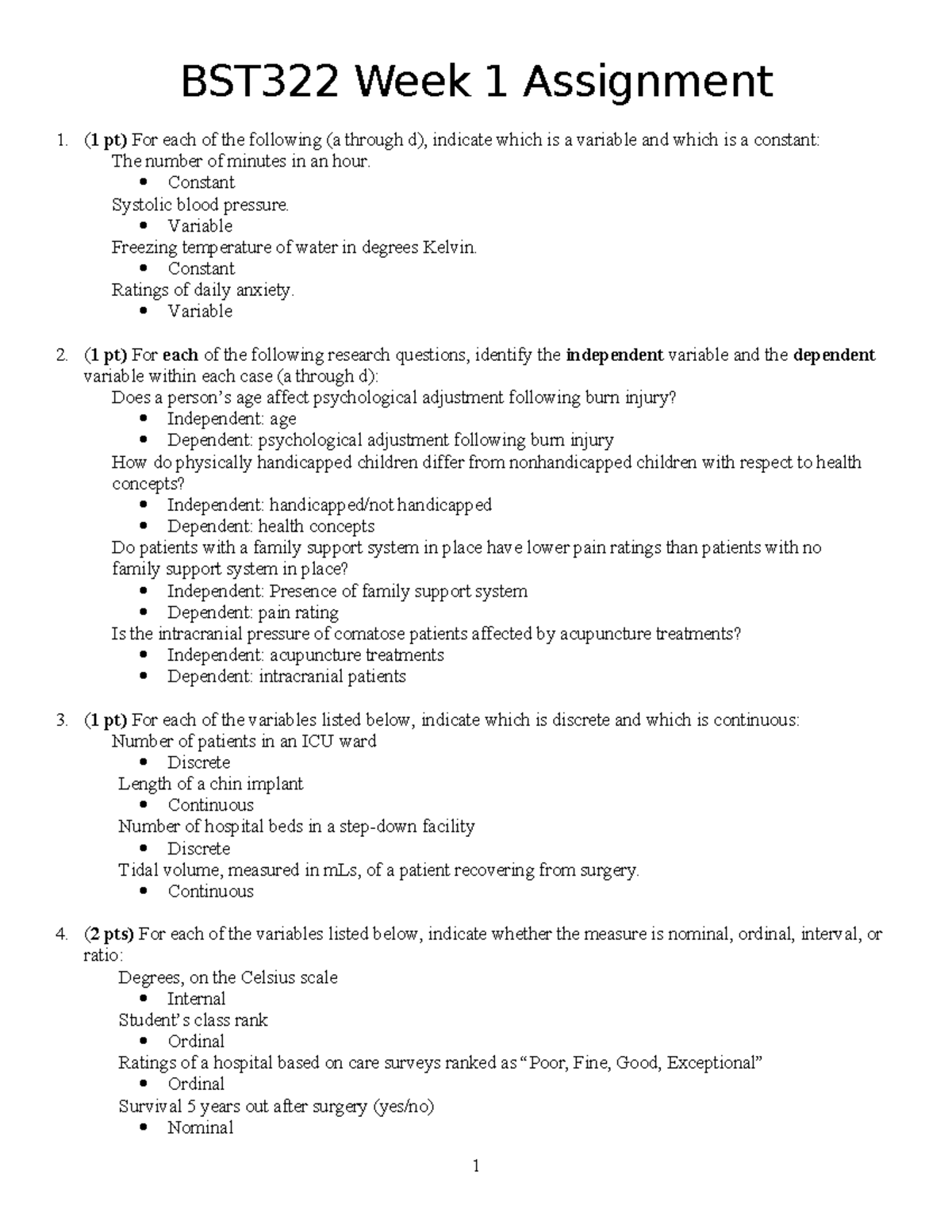 Wk1 Assignment - BST322 Week 1 Assignment 1. (1 pt) For each of the following (a through d ...