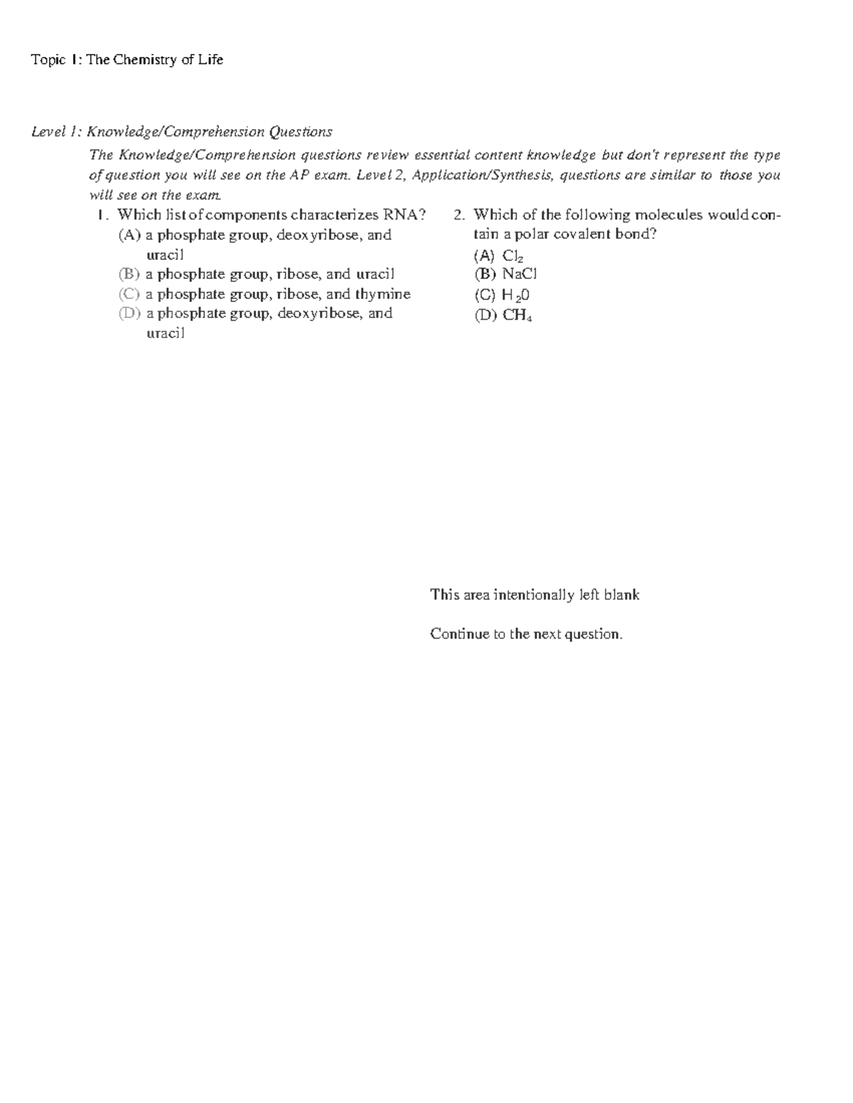 Chemistry of Life Practice - Level 1: Knowledge/Comprehension Questions ...