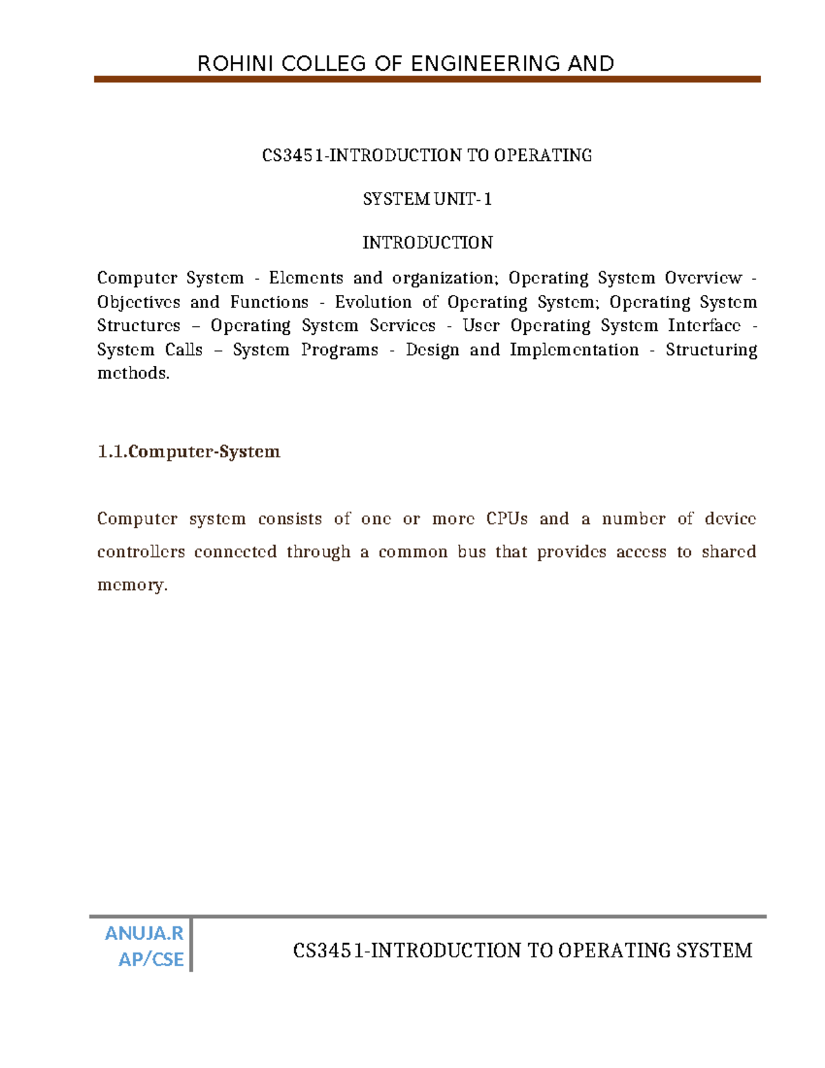 1 Computer System Notes Technology Anuja Cs3451 Introduction To