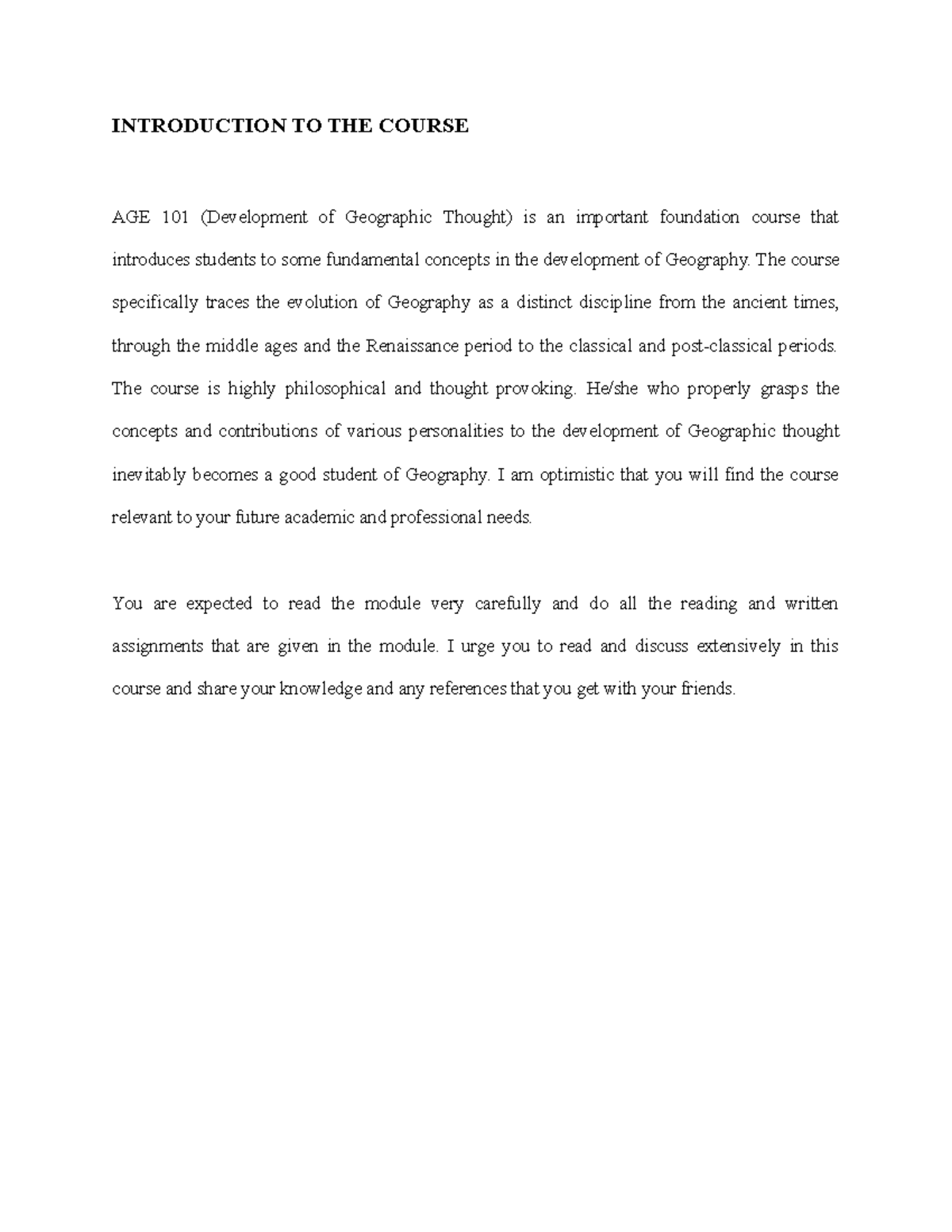 AGE 101 WEEK I-1 (1) - Geography - INTRODUCTION TO THE COURSE AGE 101 ...