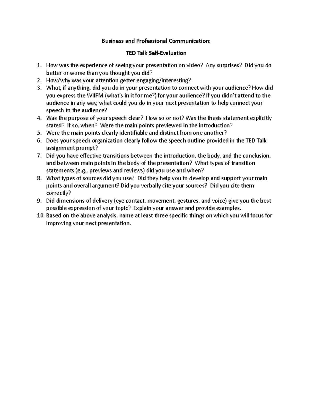 Mini TED Talk Self-Evaluation (MGT 3810) - Business and Professional ...