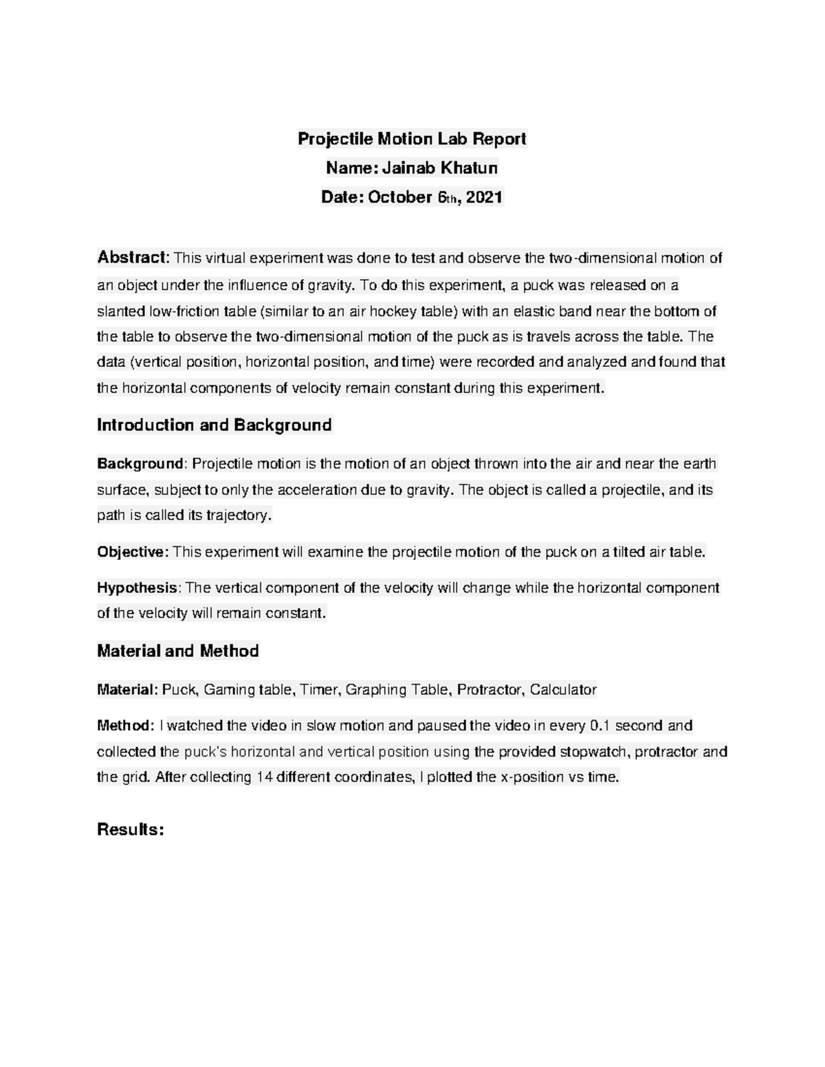 Lab-Report Projectile Motion example - Projectile Motion Lab Report ...