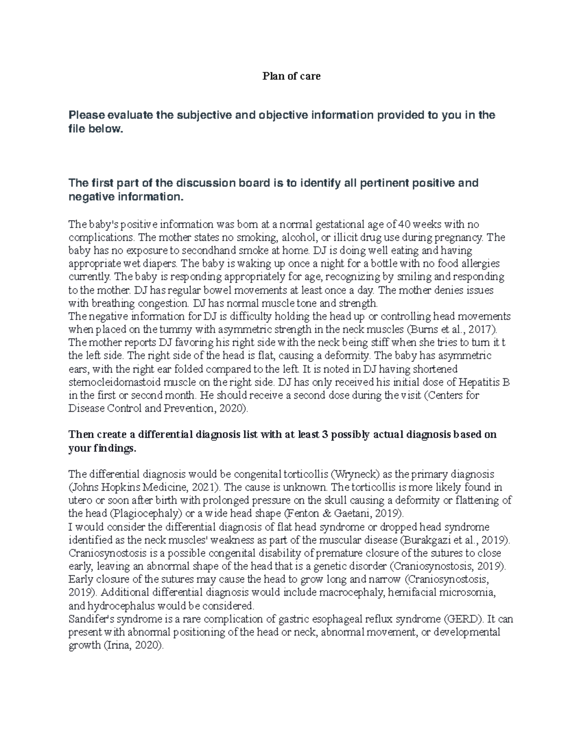 Plan of Care - Discussion - Plan of care Please evaluate the subjective ...