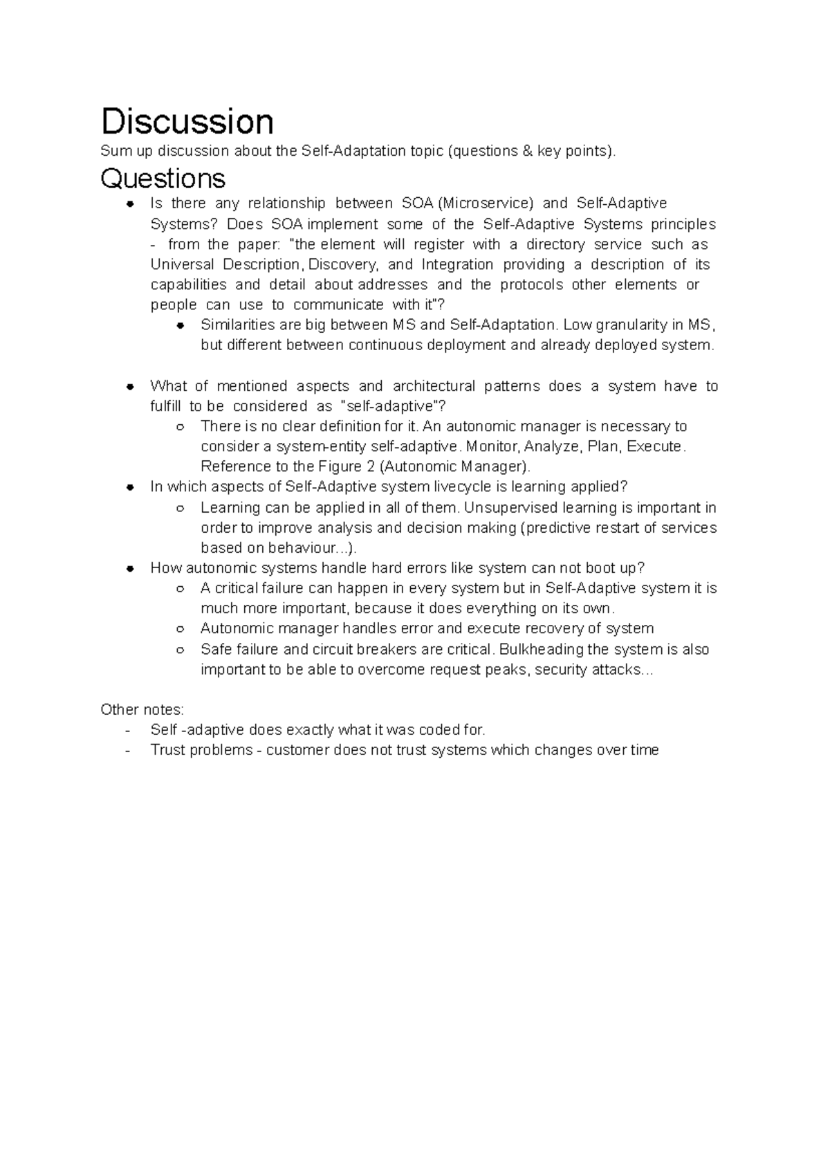Adaptive systems - discussion - Discussion Sum up discussion about the ...