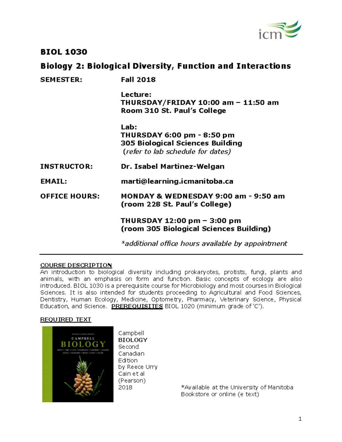 BIOL 1030 Course Outline - BIOL 1030 Biology 2: Biological Diversity, Function and Interactions ...