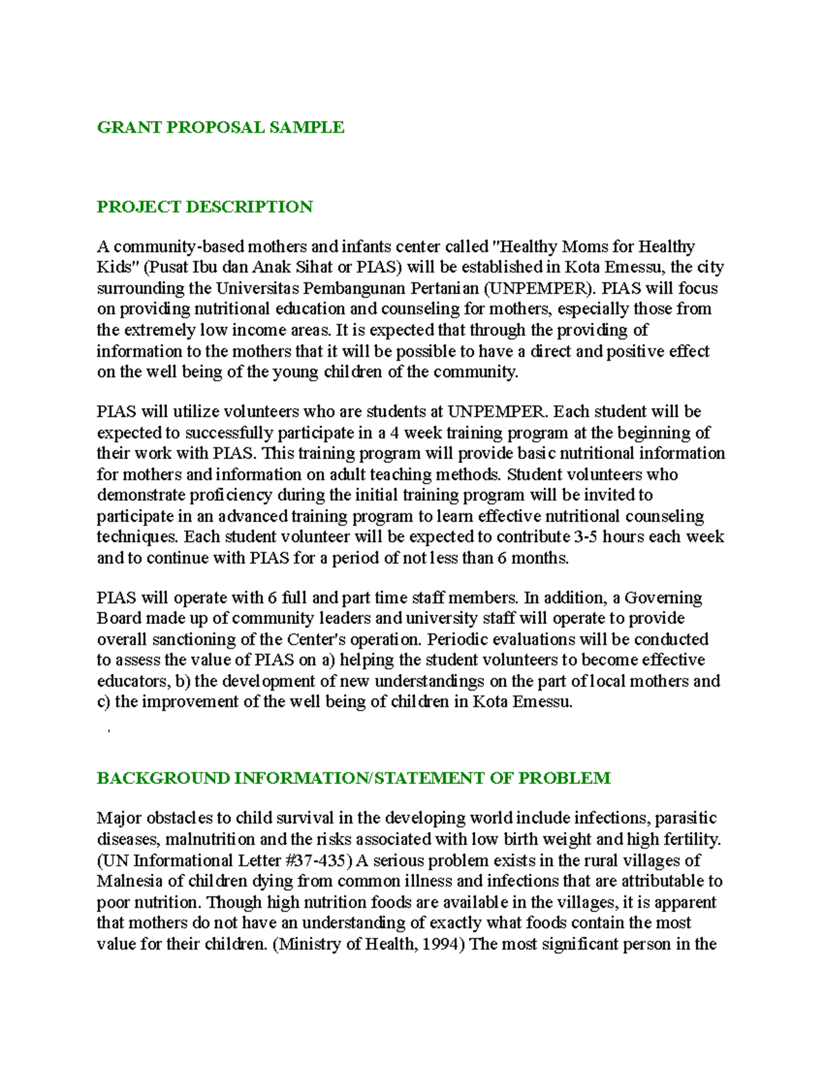 Grant proposal template 01 - GRANT PROPOSAL SAMPLE PROJECT DESCRIPTION ...