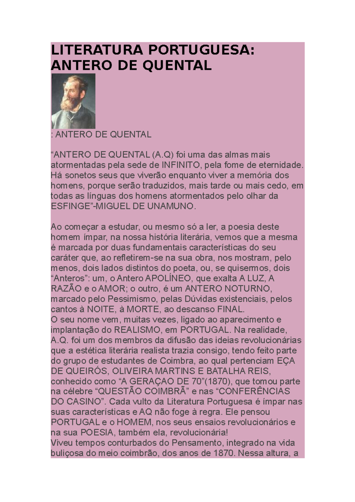 Antero - aspetos da sua poesia e vida - LITERATURA PORTUGUESA: ANTERO DE QUENTAL : ANTERO DE ...
