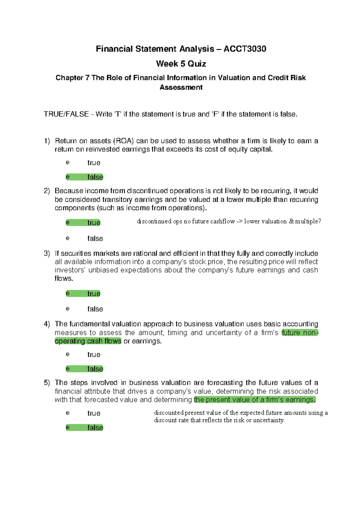 - Practice - Financial Statement Analysis – ACCT Week 5 Quiz Chapter 7 ...