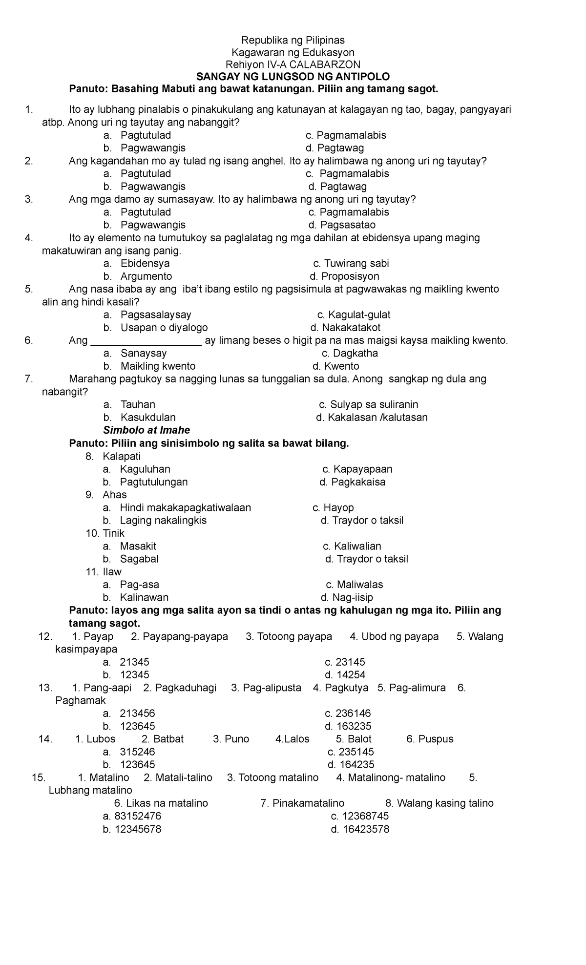 Week 3 Maikling Pagsusulit sa Filipino 9 - Republika ng Pilipinas ...
