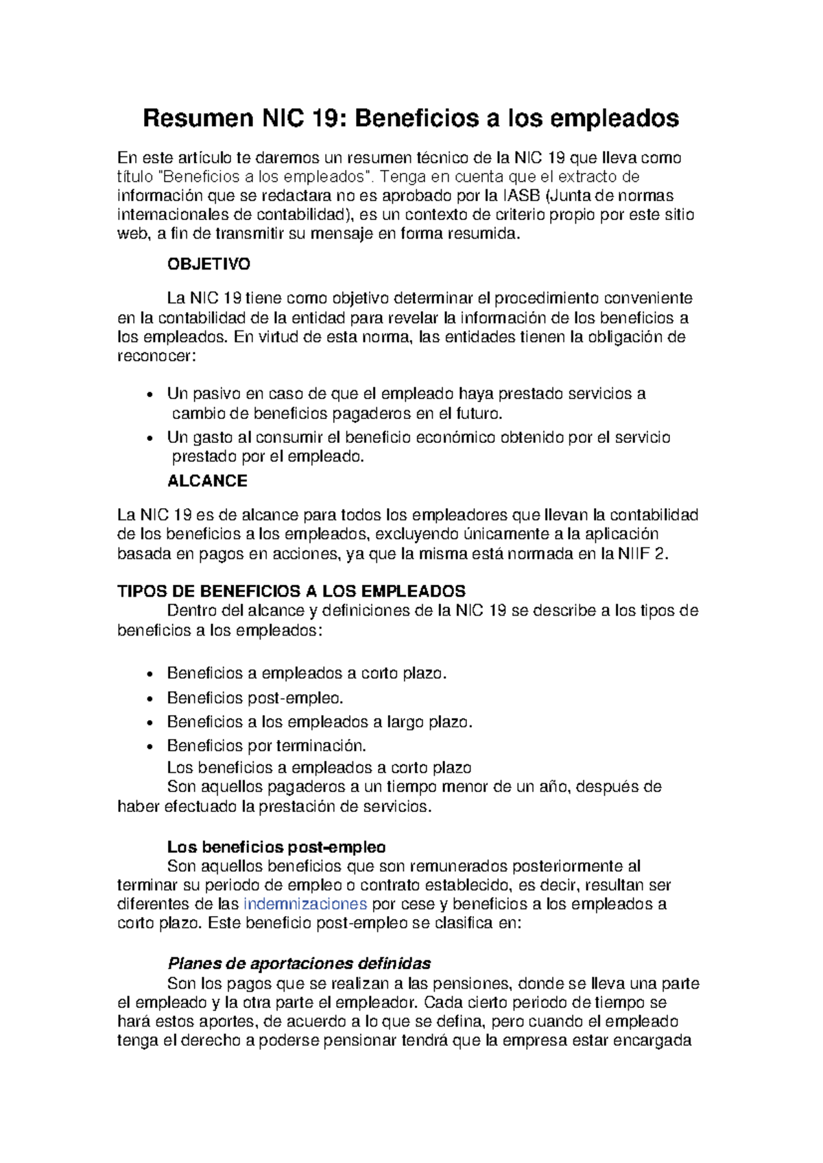 Resumen NIC 19 - NORMAS - Resumen NIC 19: Beneficios a los empleados En ...