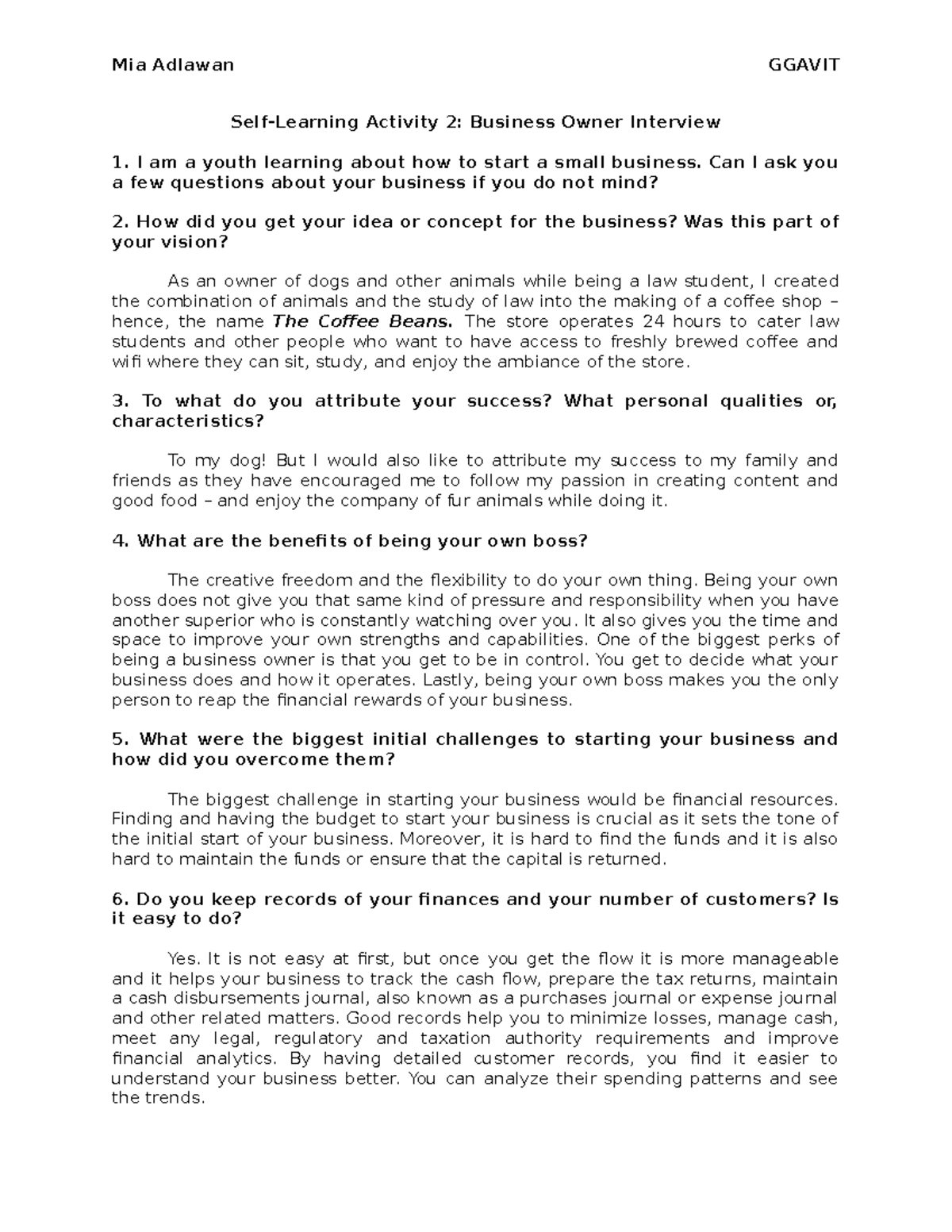 Adlawan, Mia Self-Learning Activity 2 Business Owner Interview - Mia ...
