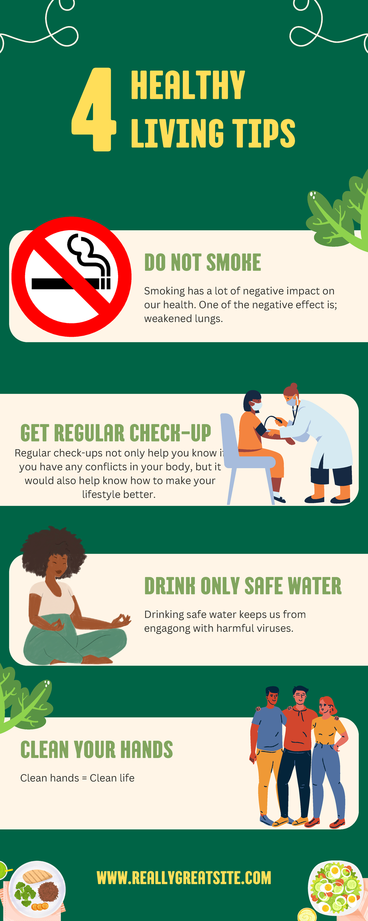 Green and Beige Illustration 4 Healthy Living Tips Infographic ...