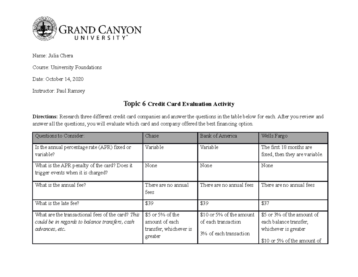 Credit Card Evaluation Activity - Studocu