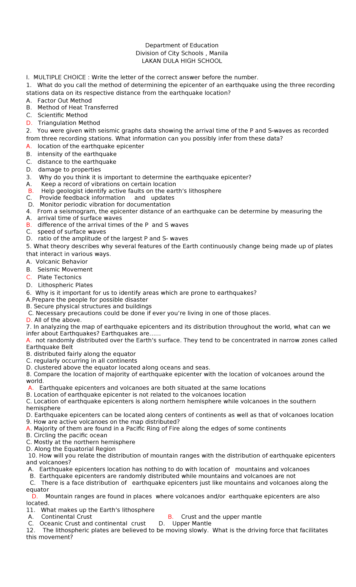 Unit-Test- plate-tectonics 2 - Department of Education Division of City ...