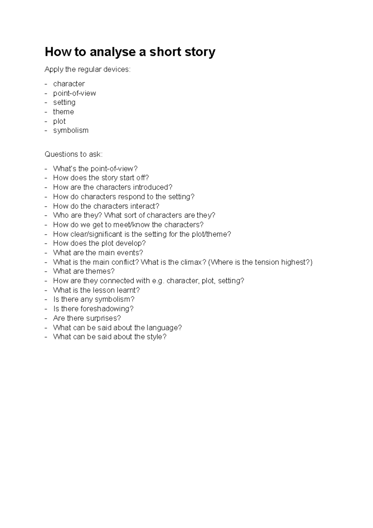 How to analyse a short story H5 2022-2023 - How to analyse a short ...