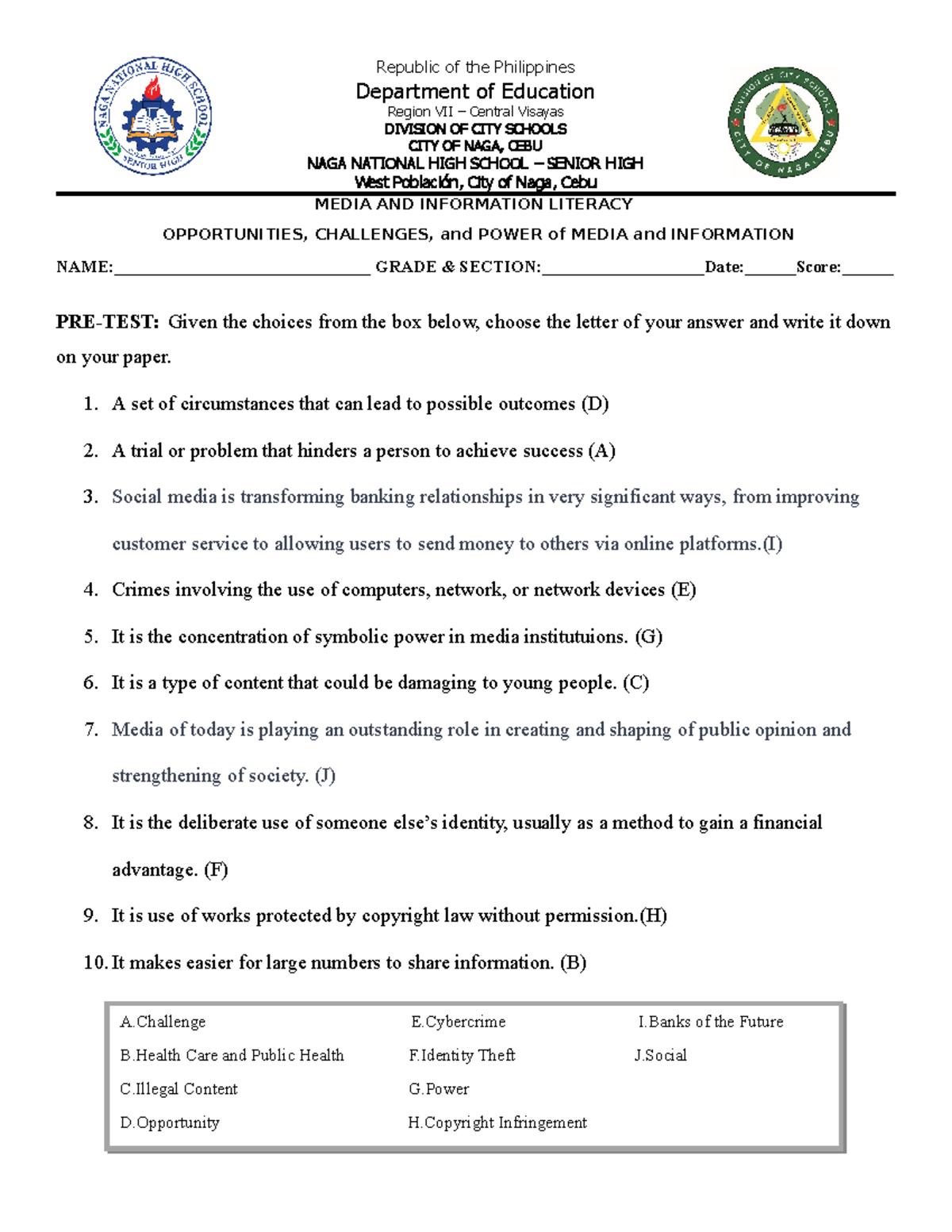 Pretest - for notes purposes - Republic of the Philippines Department ...