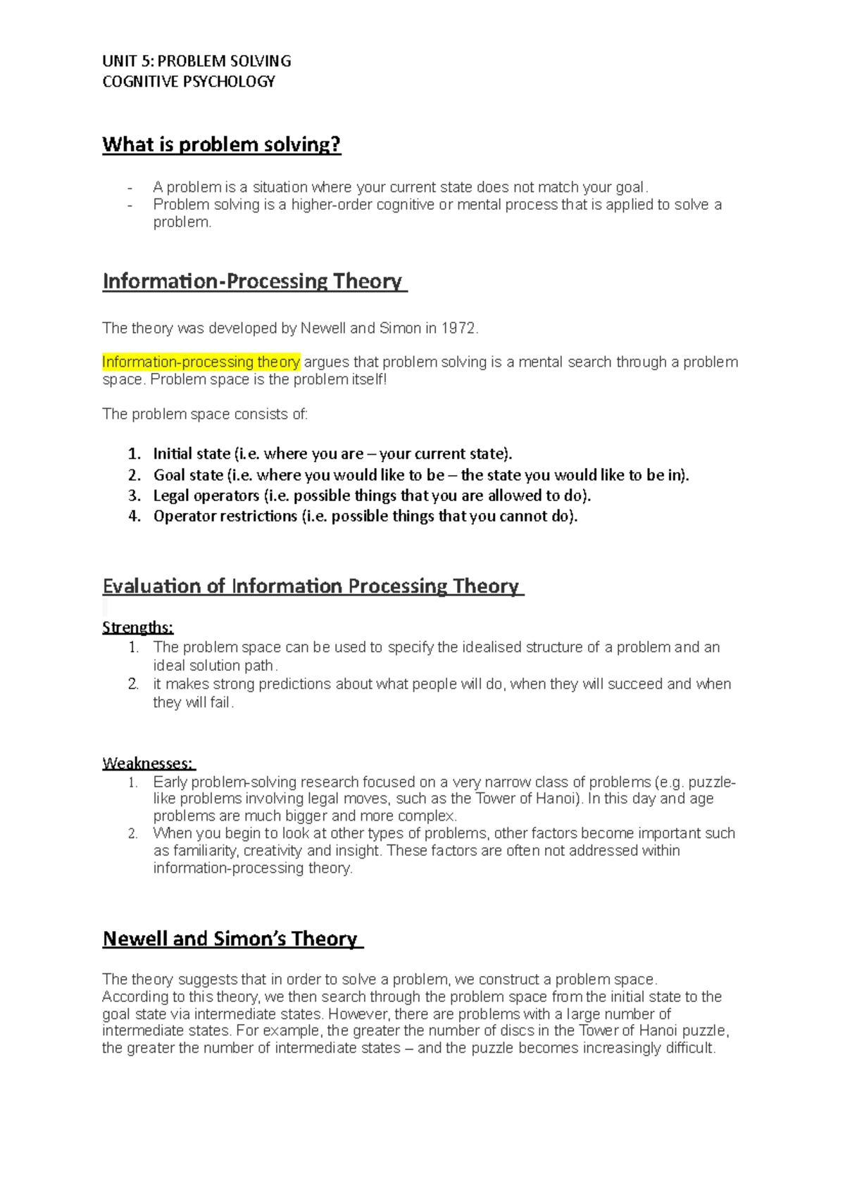 Problem Solving in Cognitive Psychology - Studocu