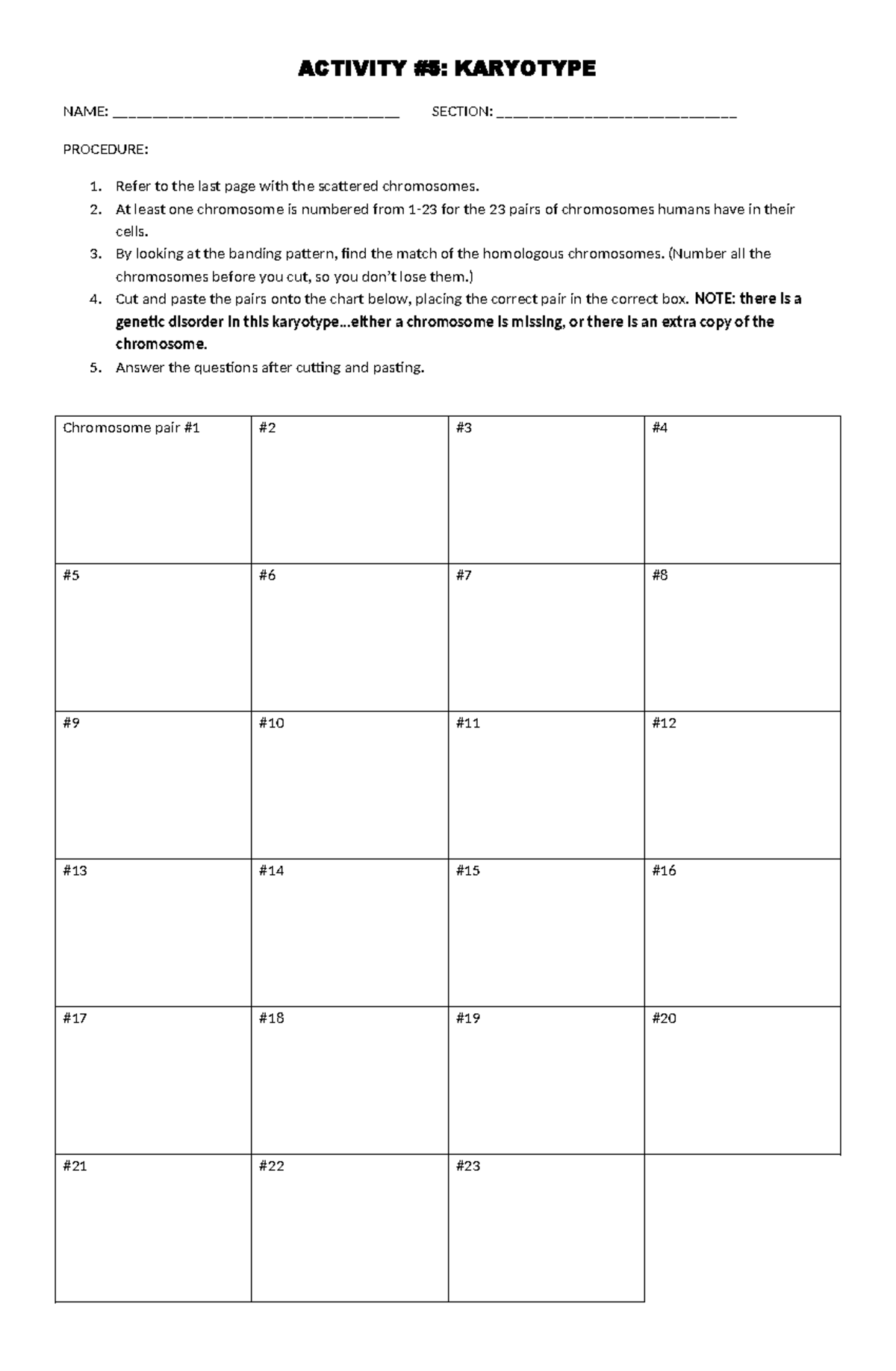 Karyotype- Activity - ACTIVITY #5: KARYOTYPE NAME ...