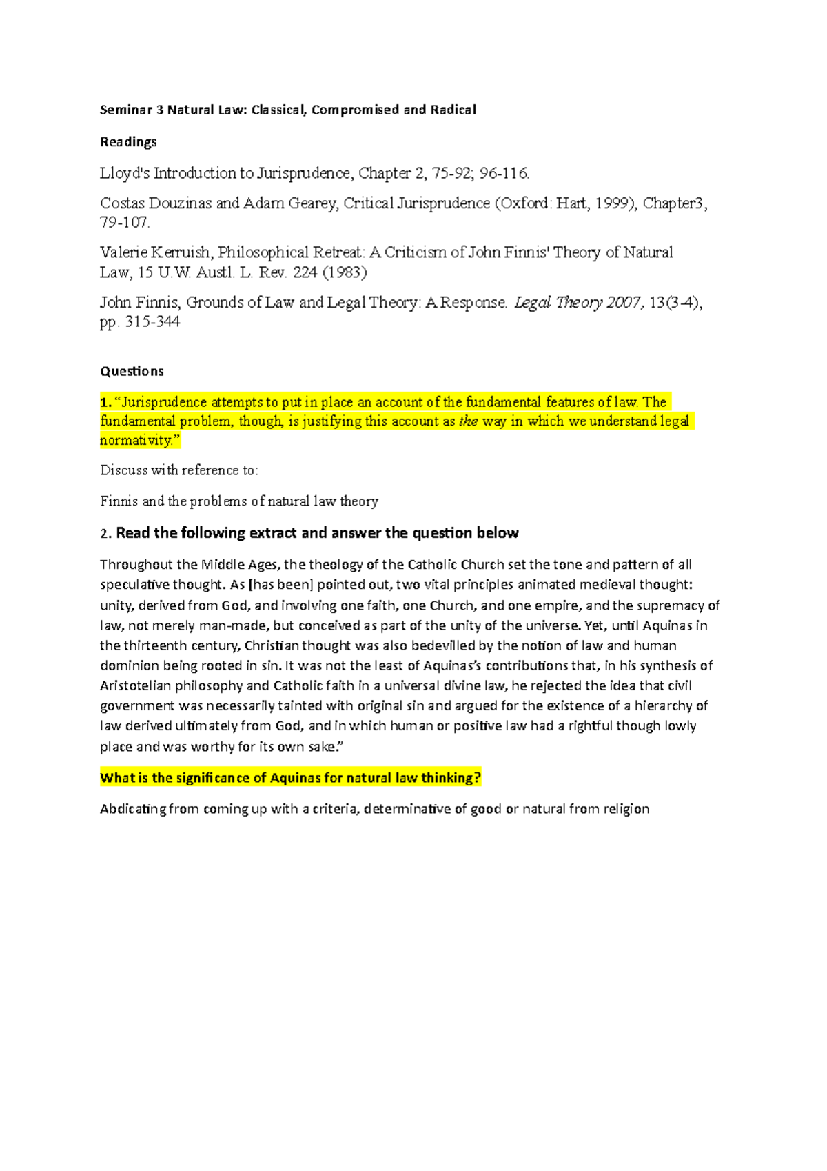 Seminar 3 - ertyuiop - Seminar 3 Natural Law: Classical, Compromised ...