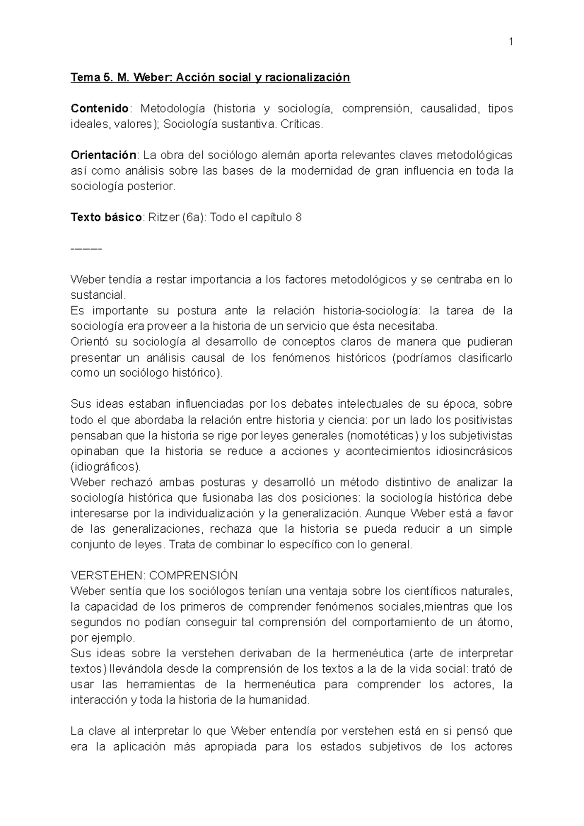 TEMA 5. Weber. Historia de la teoría sociológica. - Tema 5. M. Weber: Acción social y - Studocu