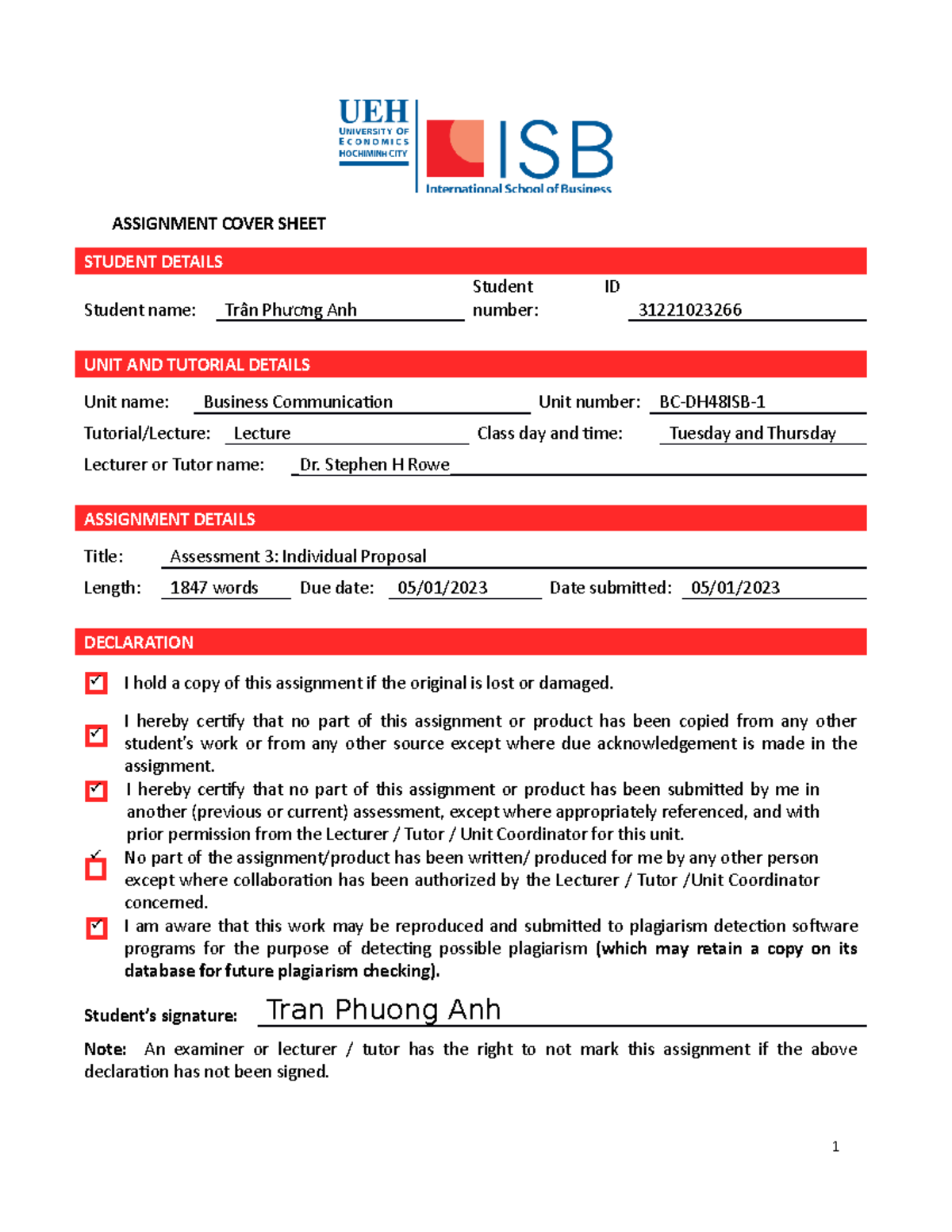 Proposal 31221023266 Tran Phuong Anh BC1 - ASSIGNMENT COVER SHEET ...