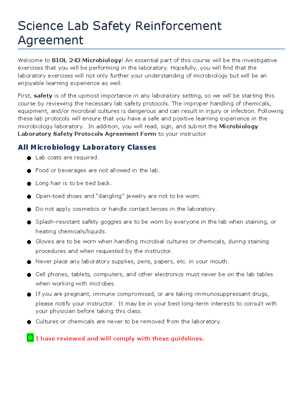 Microbiology Lab Safety Form - Science Lab Safety Reinforcement ...