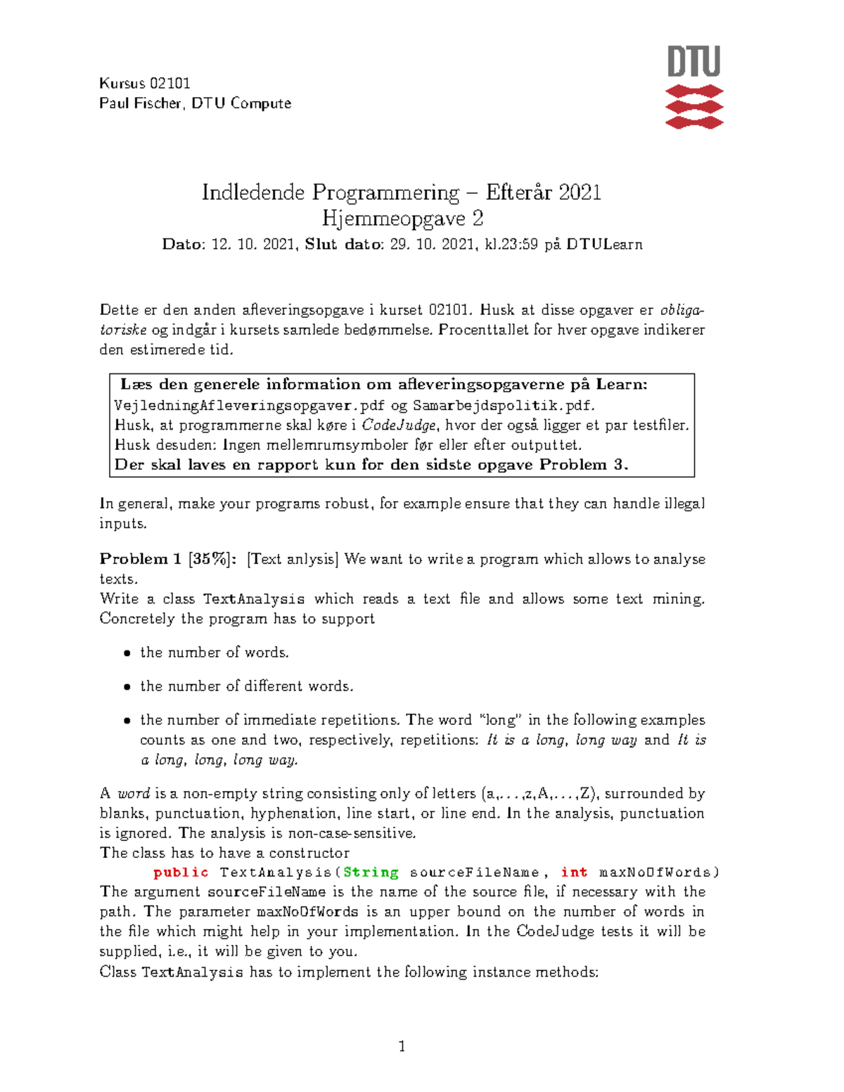 Aflopg 02101 21 02 - assignment - Kursus 02101 Paul Fischer, DTU Compute Indledende ...