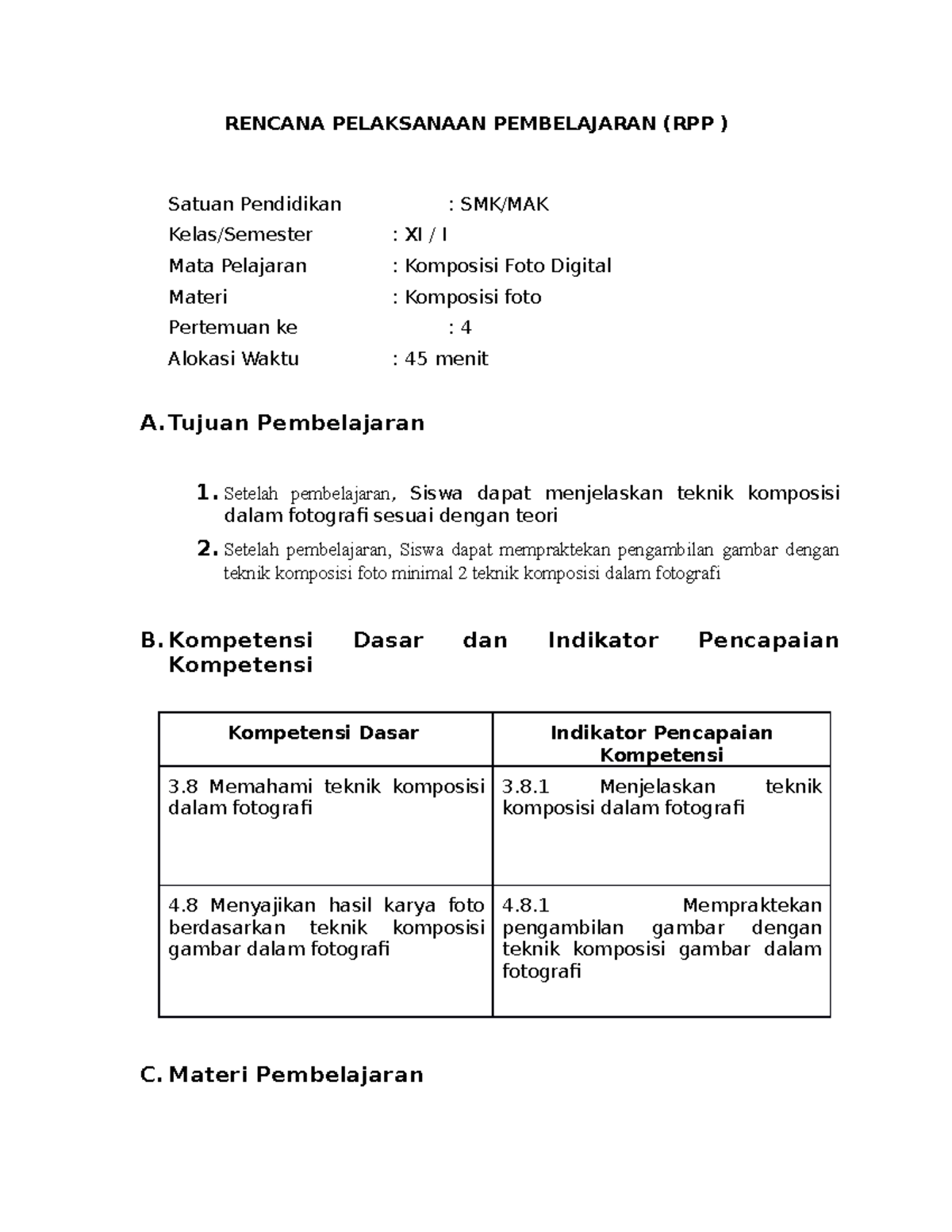 RPP SMK XI Komposisi Foto - RENCANA PELAKSANAAN PEMBELAJARAN (RPP ...