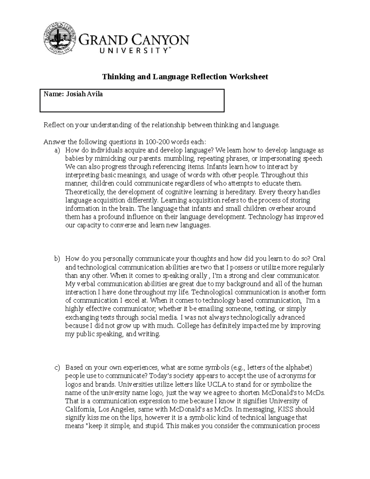 PHI105 - ... - Thinking and Language Reflection Worksheet Name: Josiah ...