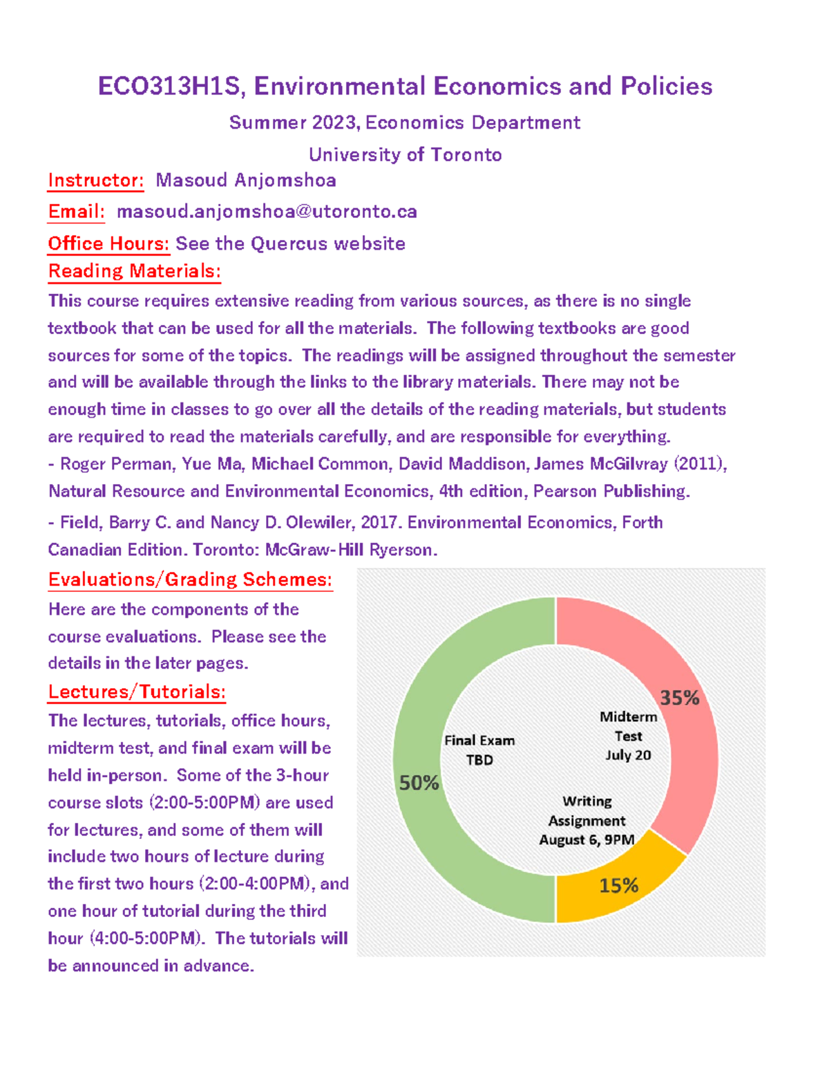 ECO313S 2023Course Outline - ECO313H1S, Environmental Economics and ...