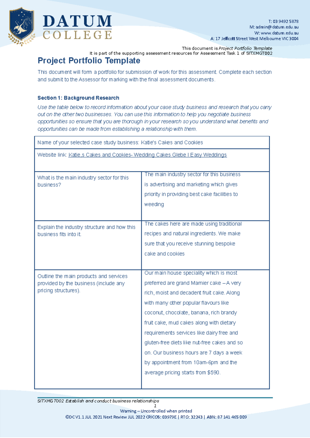 Project Portfolio Template ( Sitxmgt 002) - M: admin@datum.edu W: datum ...