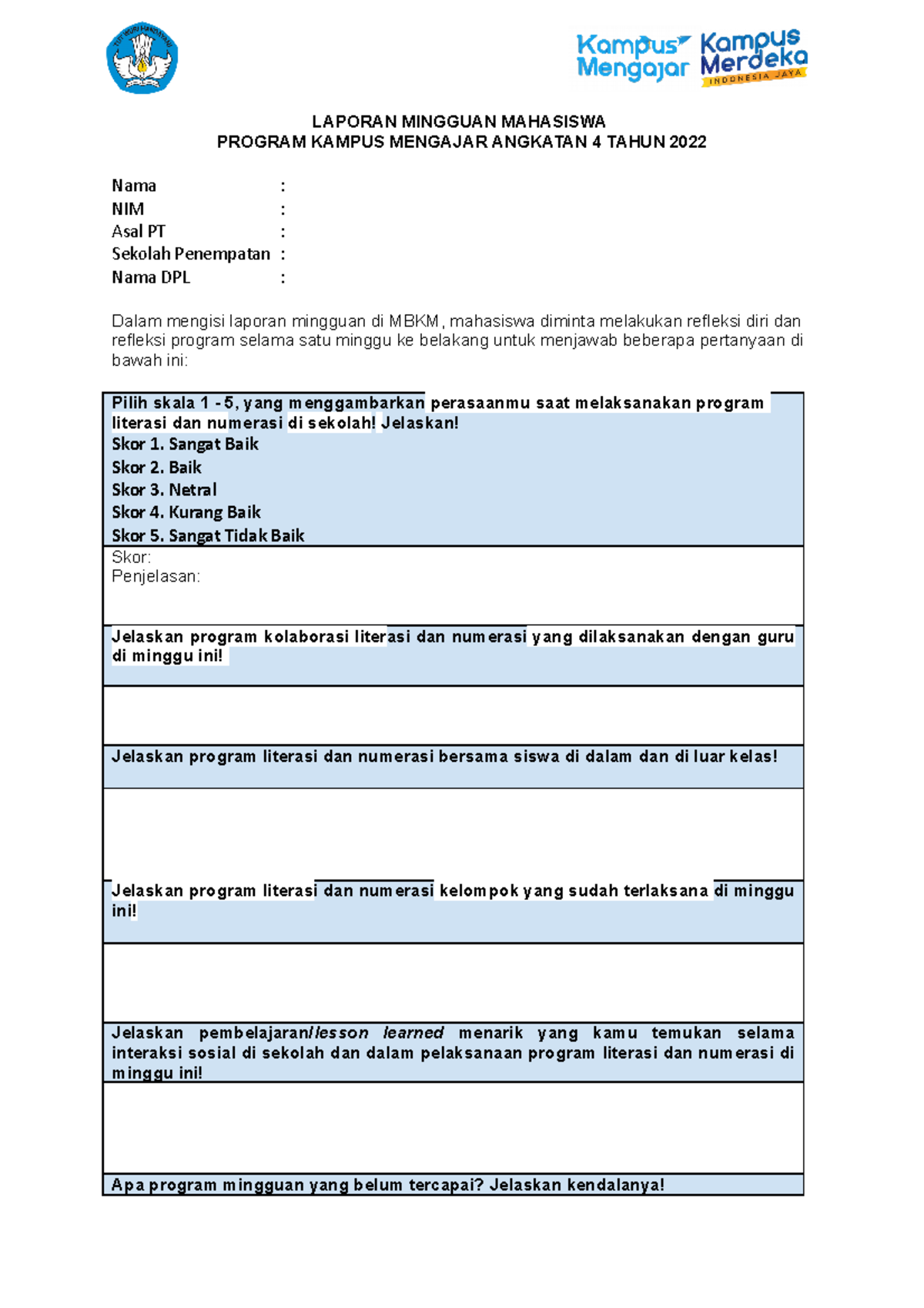 Format Laporan Mingguan Mahasiswa KM 4 - LAPORAN MINGGUAN MAHASISWA ...