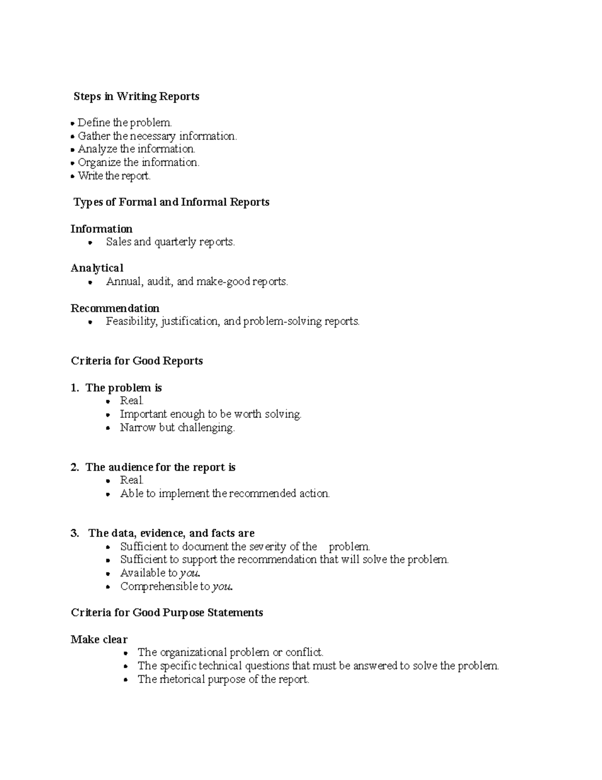 Module 21 Transparencies - Steps in Writing Reports Define the problem ...