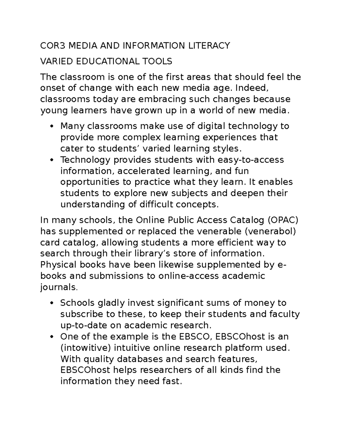 COR3 Reporting Explanation - COR3 MEDIA AND INFORMATION LITERACY VARIED ...