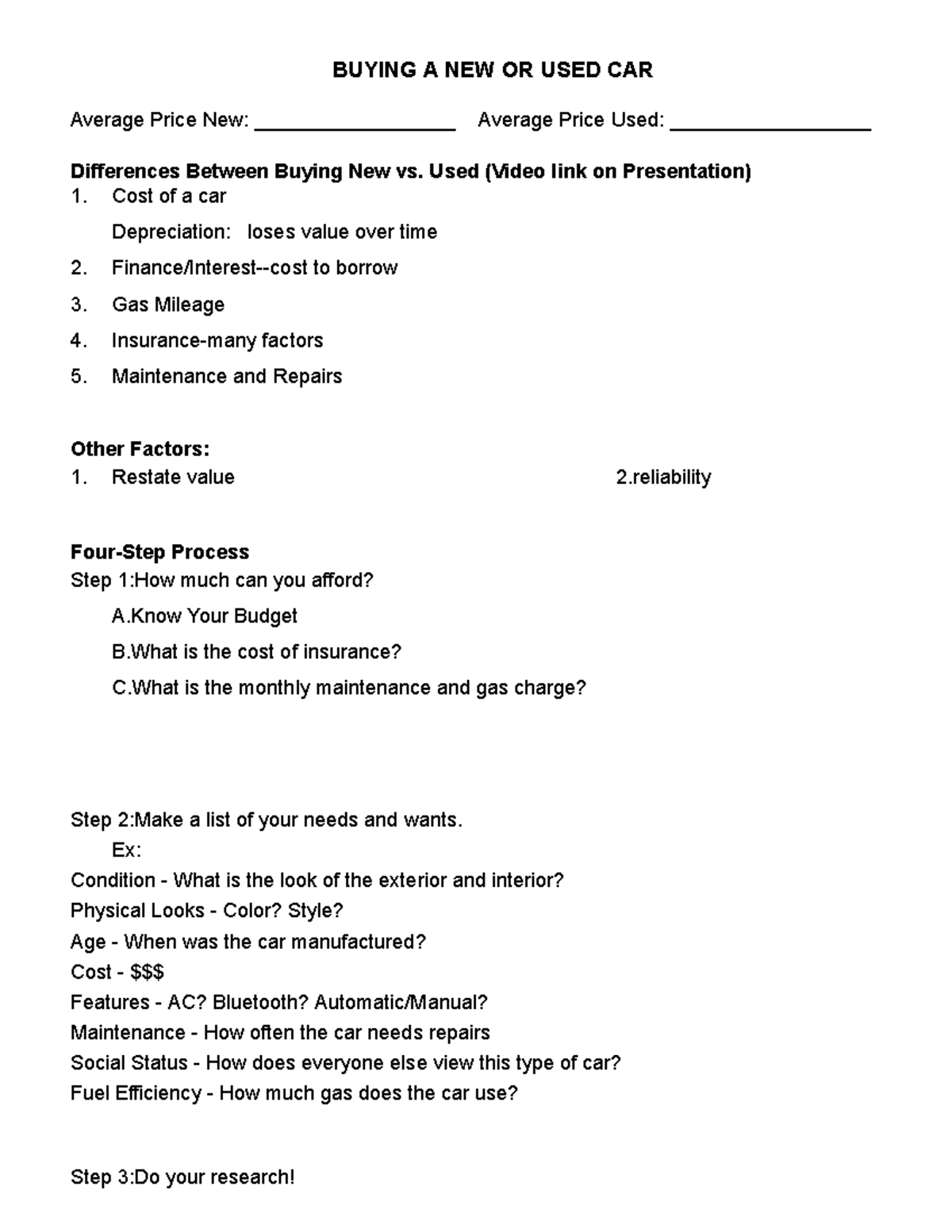 Buying A NEW OR USED CAR - notes - BUYING A NEW OR USED CAR Average ...