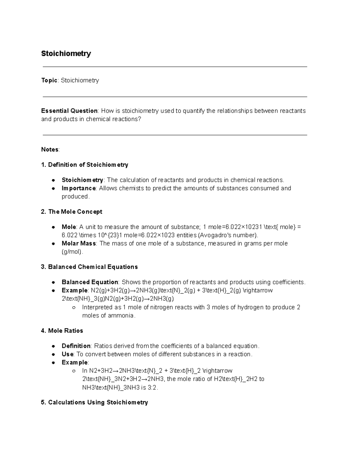 Stoichiometry Notes - Stoichiometry Topic: Stoichiometry Essential ...