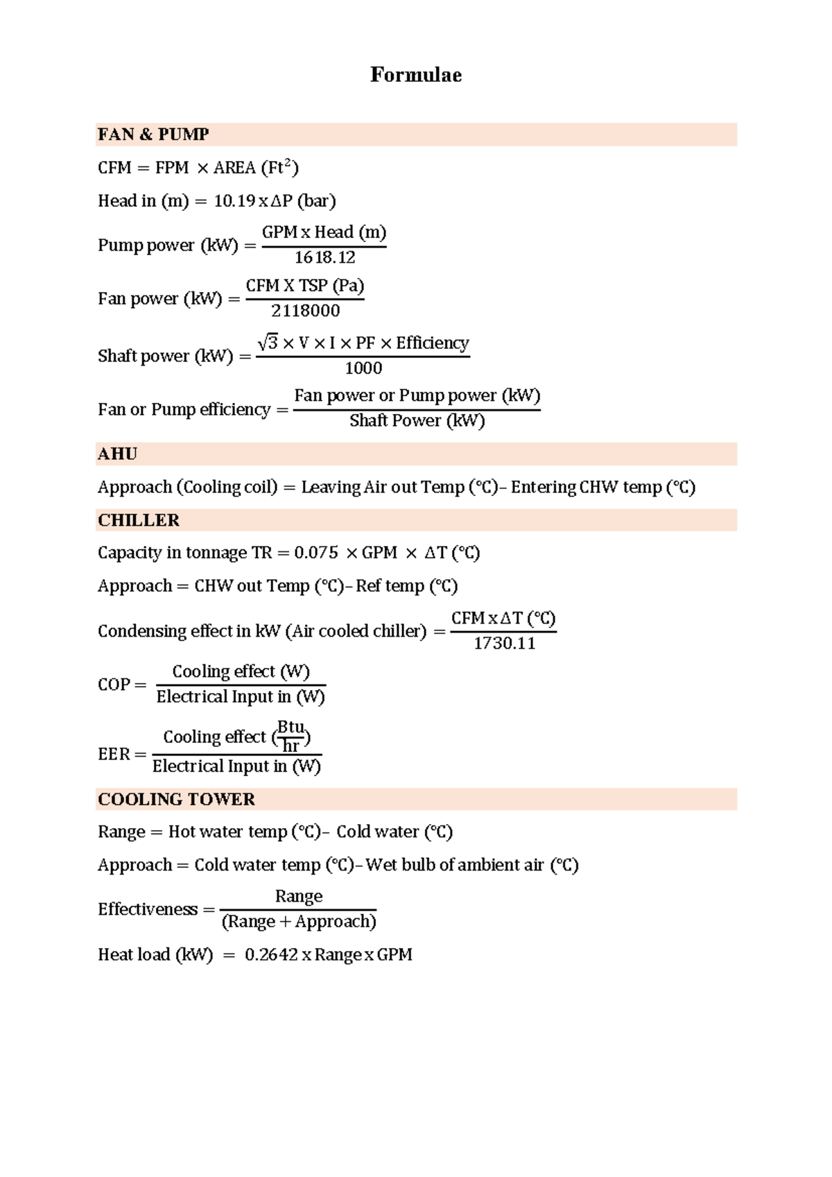 Performance formulae - Document for HVAC - Formulae FAN & PUMP CFM ...