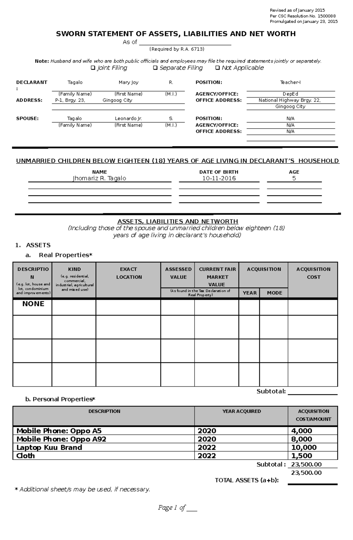 2015 SALN Form - SALN - Revised as of January 2015 Per CSC Resolution ...